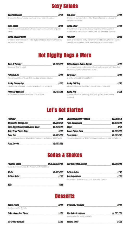 Hunky's menu in Dallas, Texas, USA