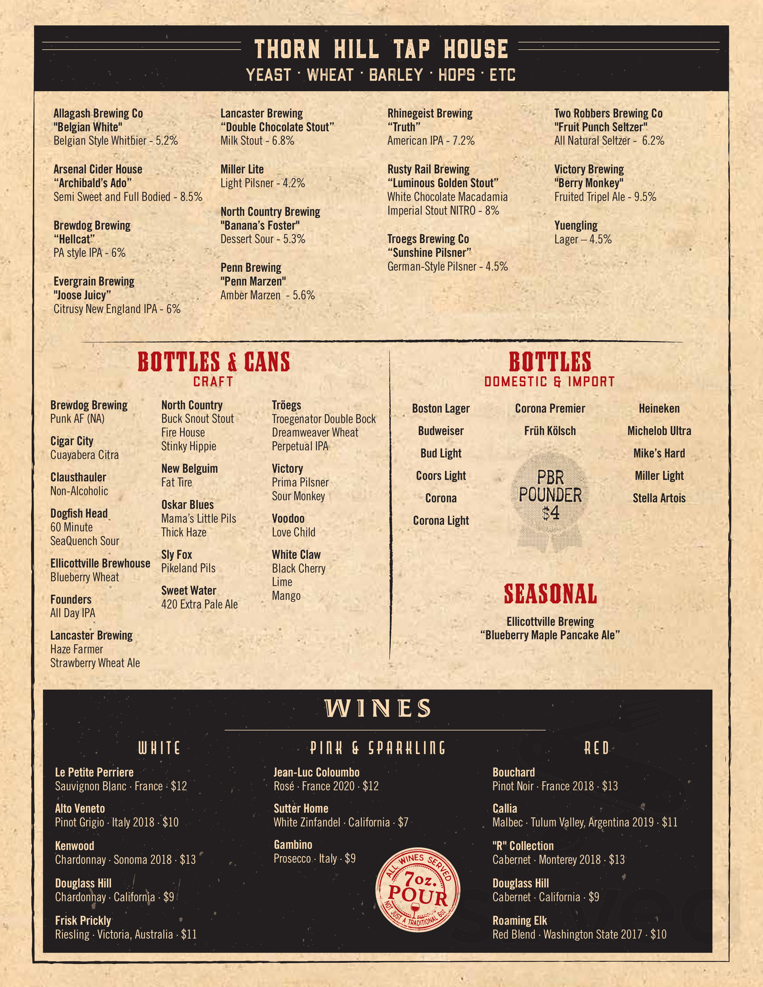 Thorn Hill Tap House menu in Wexford, Pennsylvania, USA
