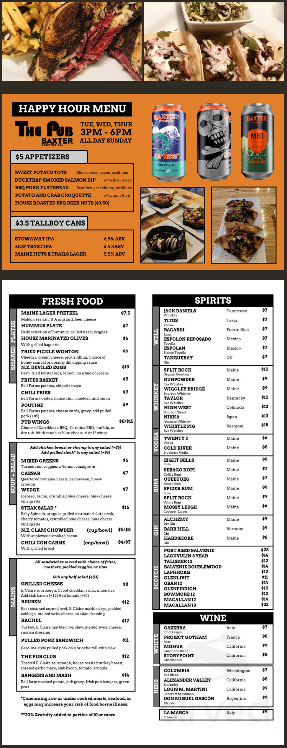 Menu - Lewiston ME's The Pub at Baxter | Sirved