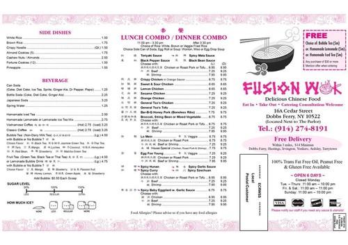 Fusion Wok menu in Dobbs Ferry, New York, USA
