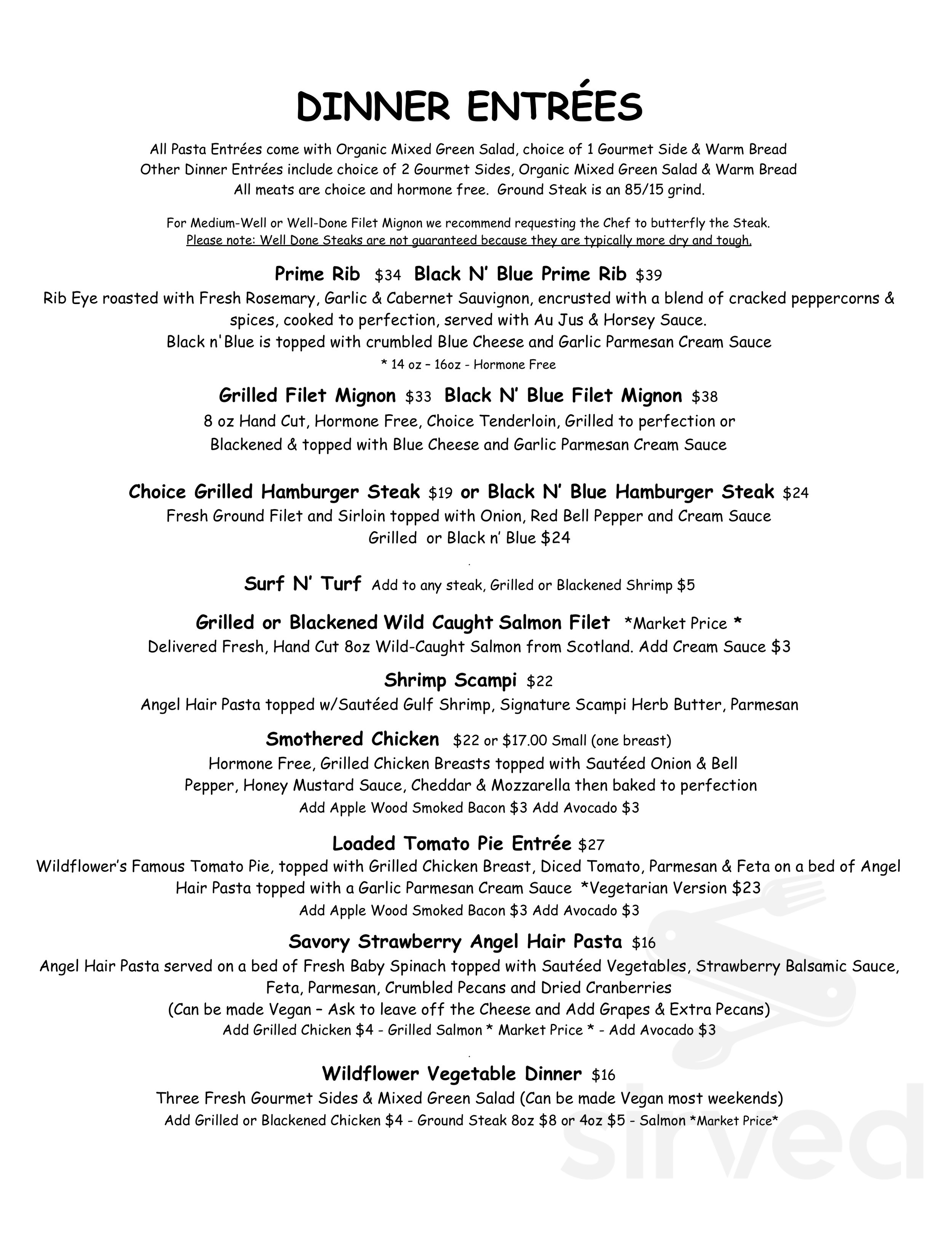 Wildflower Cafe menu in Mentone, Alabama, USA