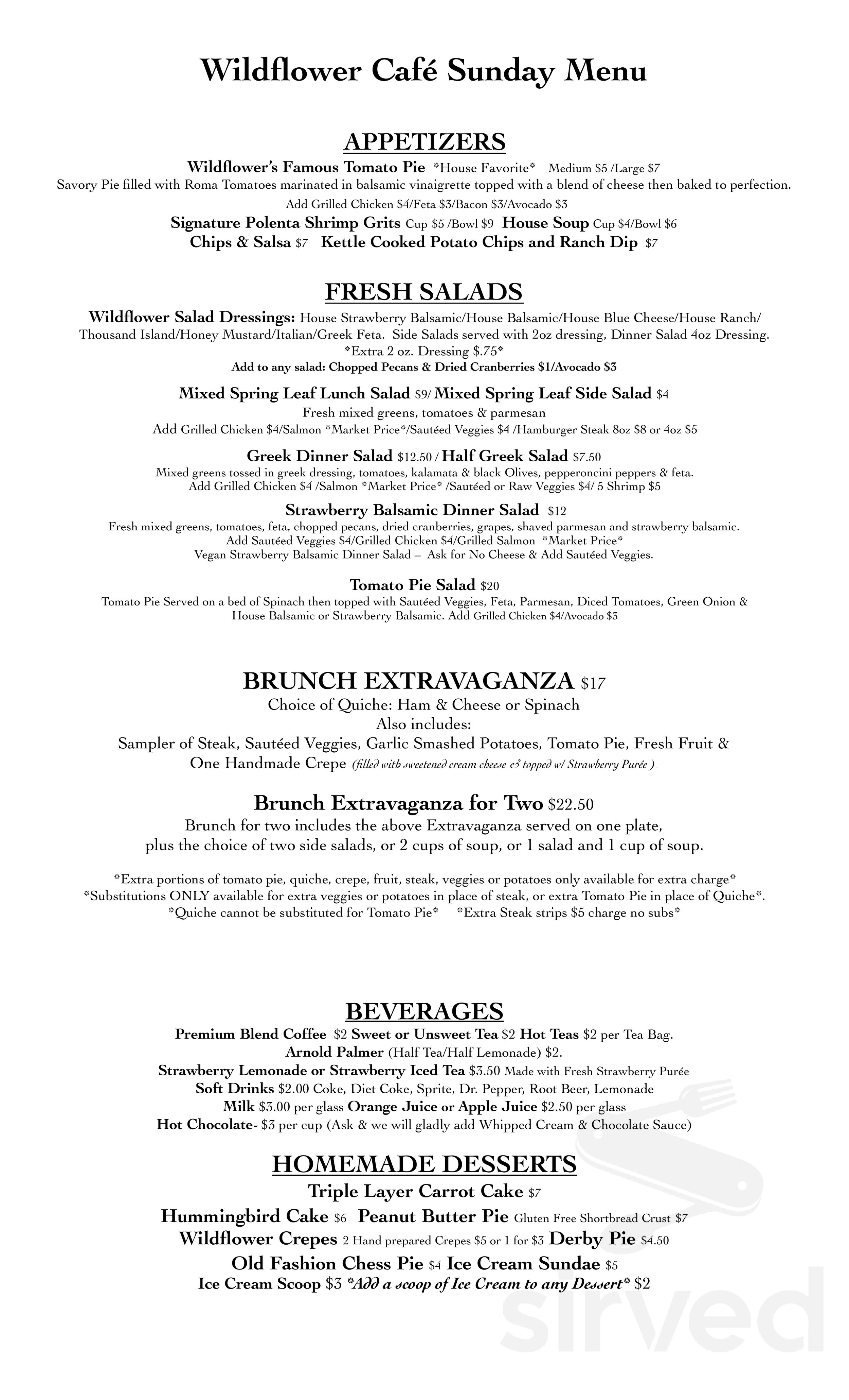 Wildflower Cafe menu in Mentone, Alabama, USA