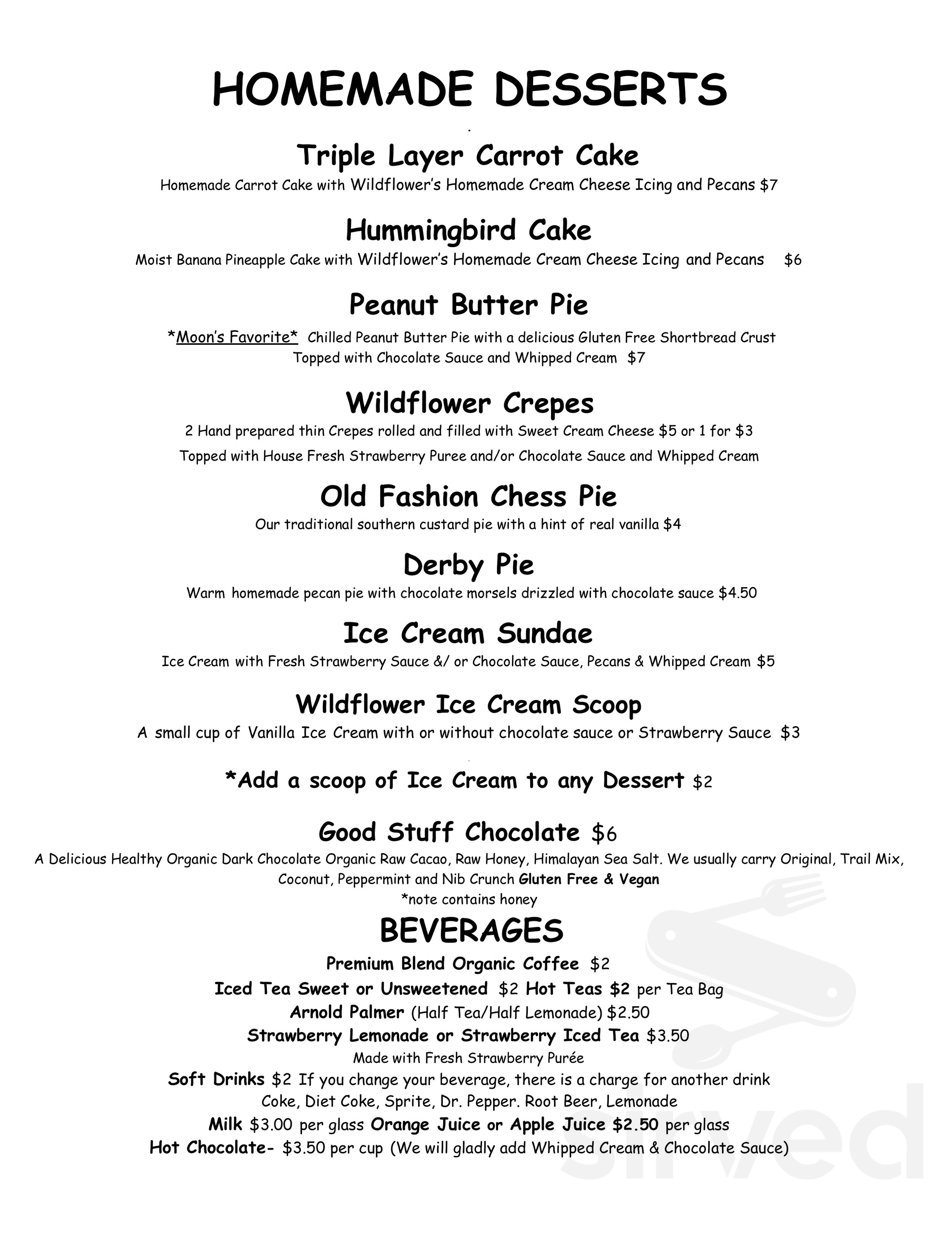 Wildflower Cafe menu in Mentone, Alabama, USA