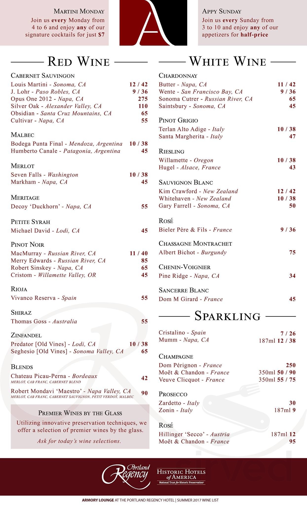 The Armory Lounge menu in Portland, Maine, USA