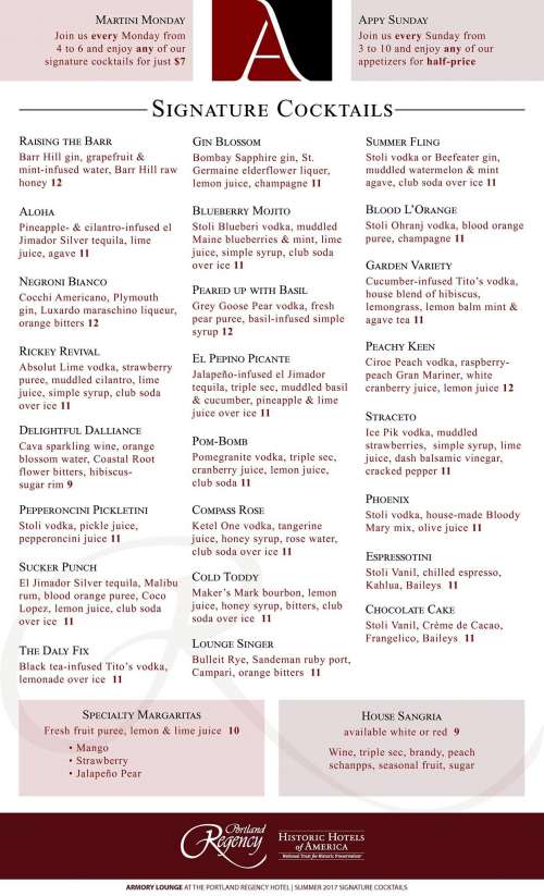 The Armory Lounge menu in Portland, Maine, USA