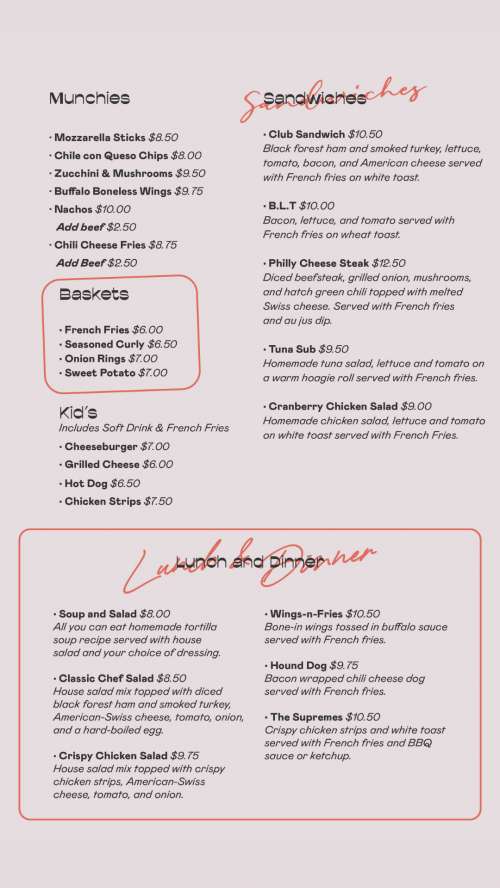 AJ's Diner menu in El Paso, Texas, USA