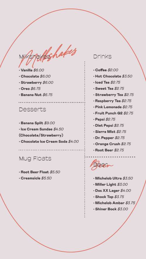 AJ's Diner menu in El Paso, Texas, USA