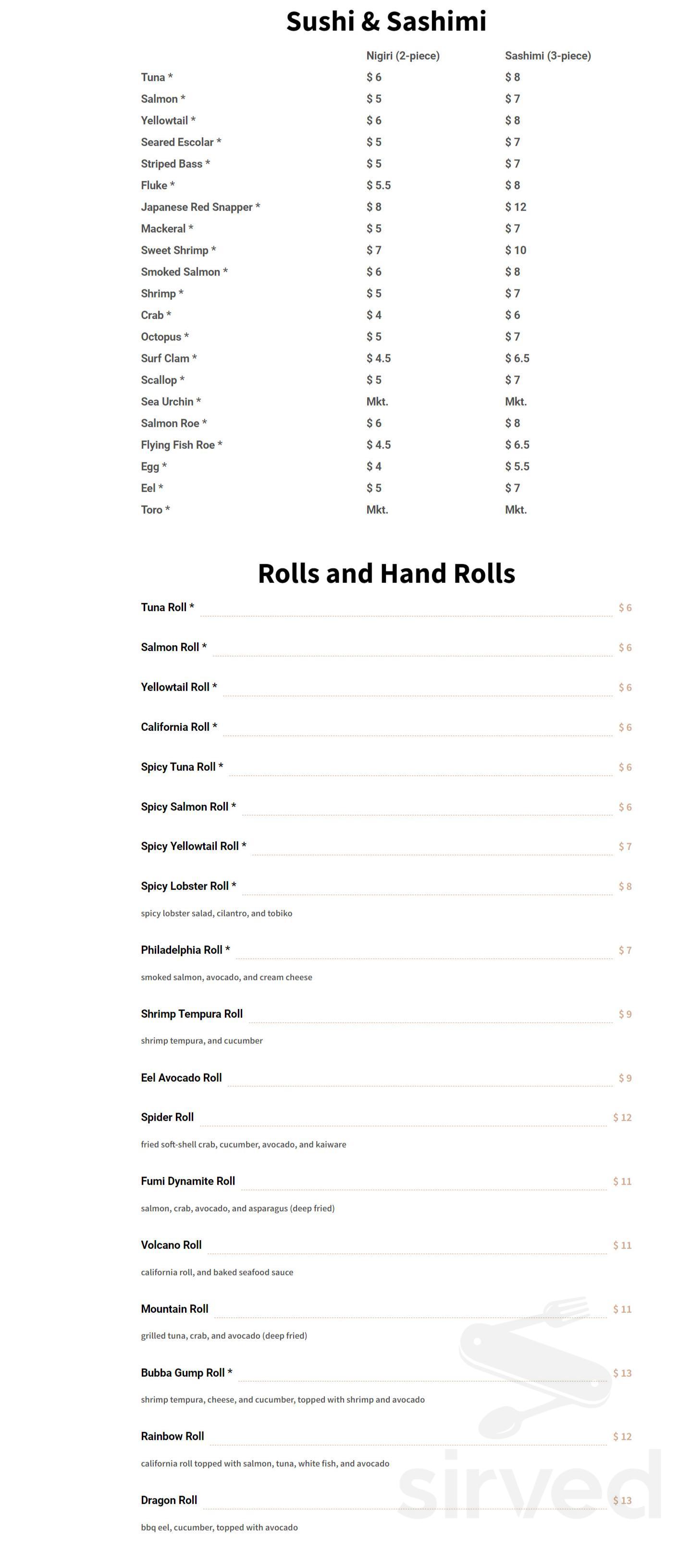 Fumi Hibachi Sushi menu in Duluth, Georgia, USA
