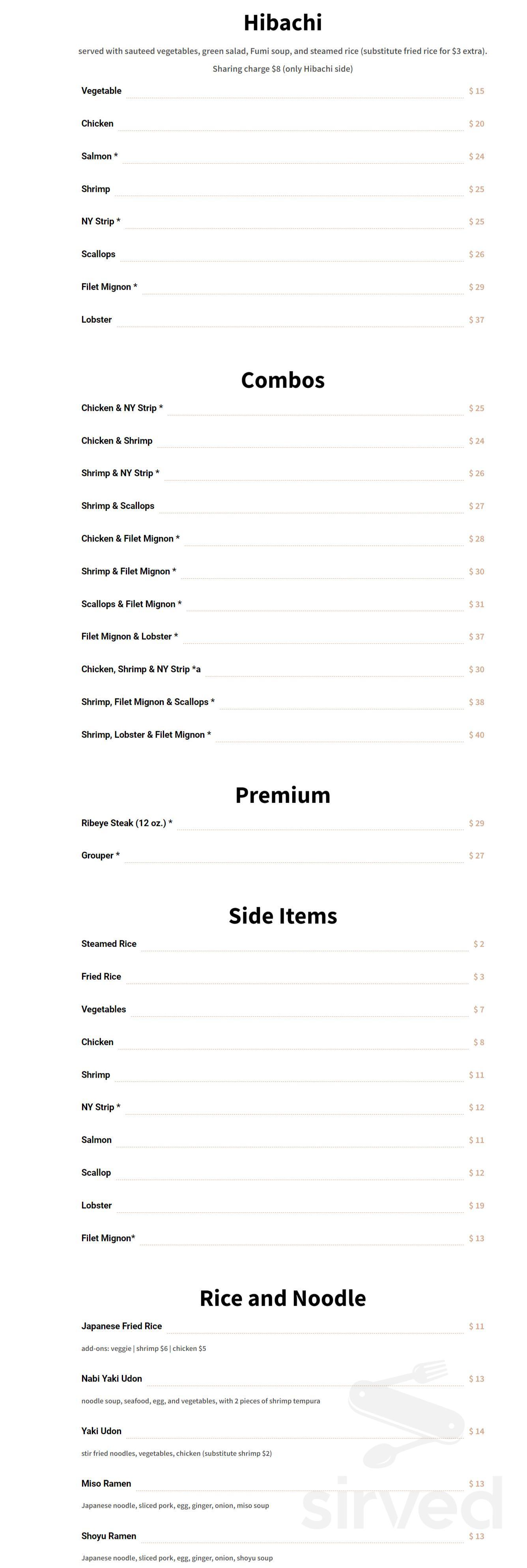 Fumi Hibachi Sushi menu in Duluth, Georgia, USA