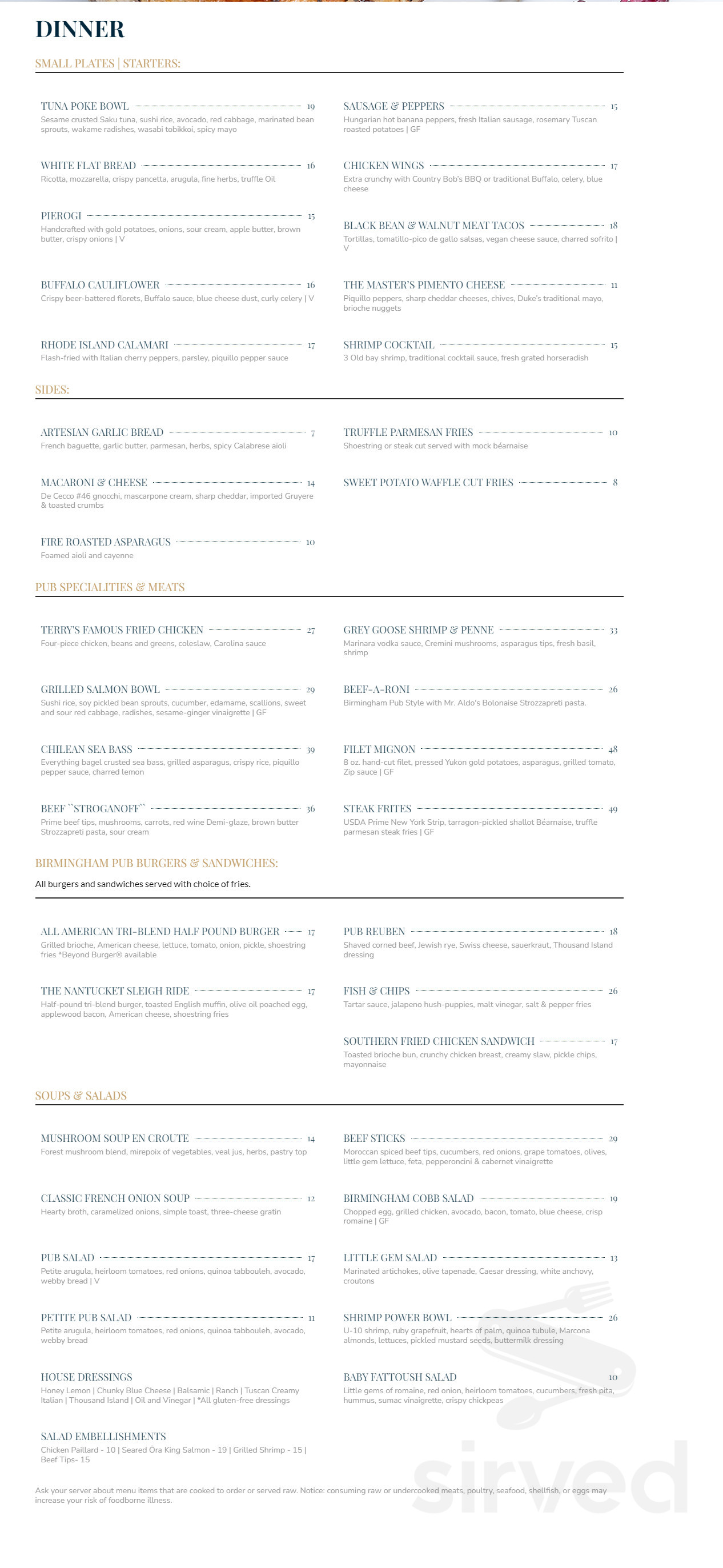 Birmingham Pub menu in Birmingham, Michigan, USA