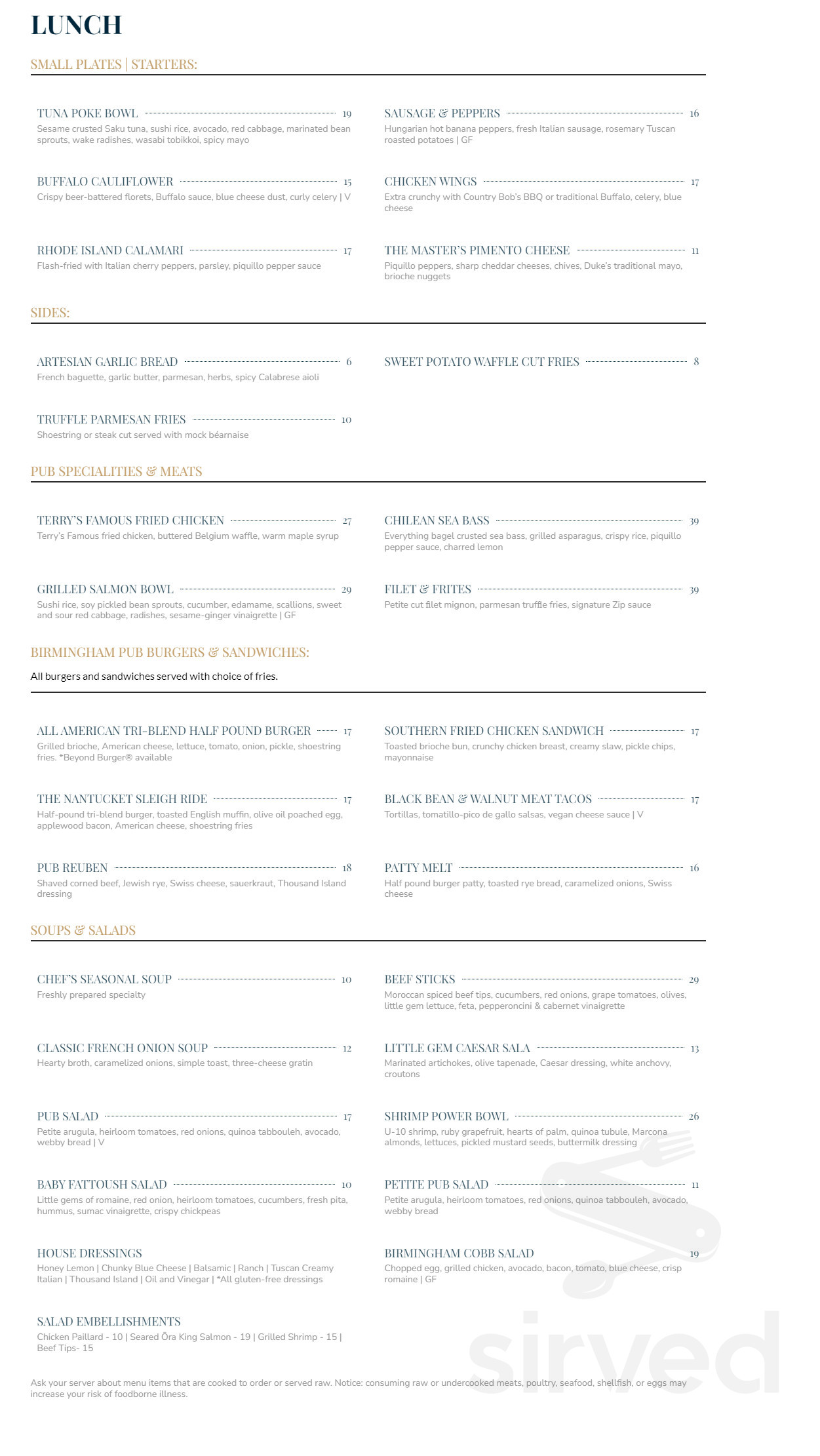 Birmingham Pub menu in Birmingham, Michigan, USA