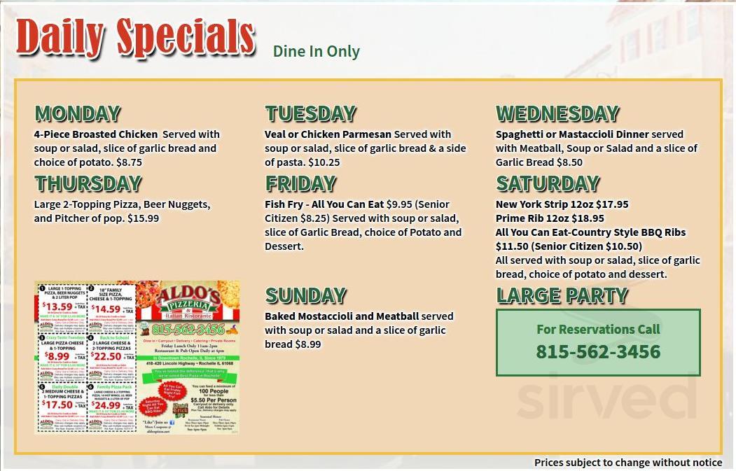 Aldo's Pizzeria and The Red Brick Pub menu in Rochelle, Illinois, USA