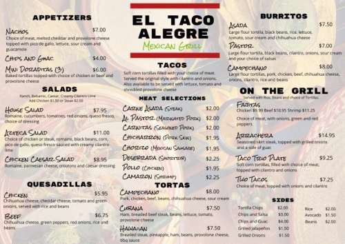 El Taco Alegre Mexican Grill menu in Elgin, Illinois, USA
