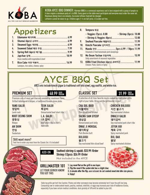 Koba Korean Barbecue menu in Baltimore, Maryland, USA