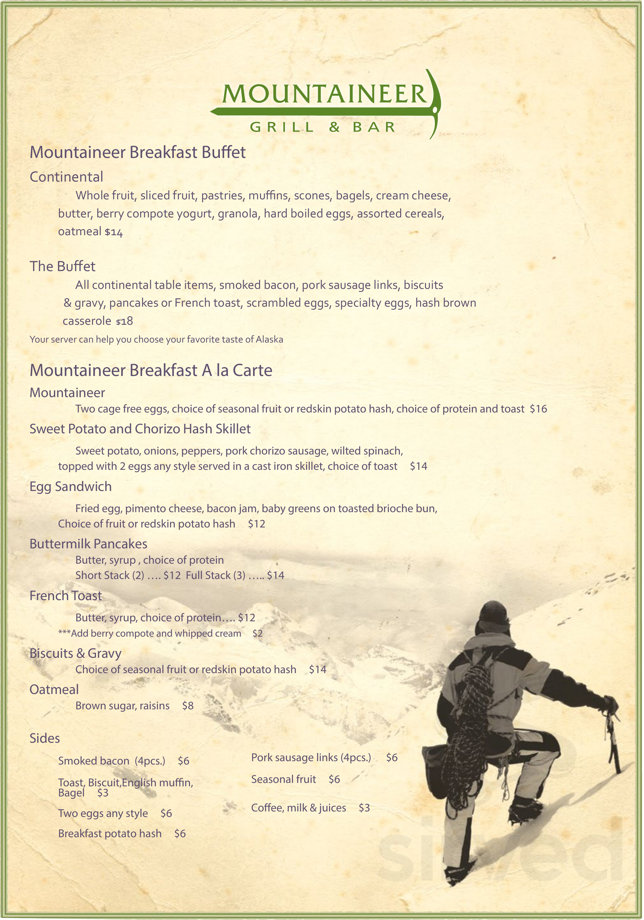 Menu - Denali National Park and Preserve AK's The Mountaineer Grill ...