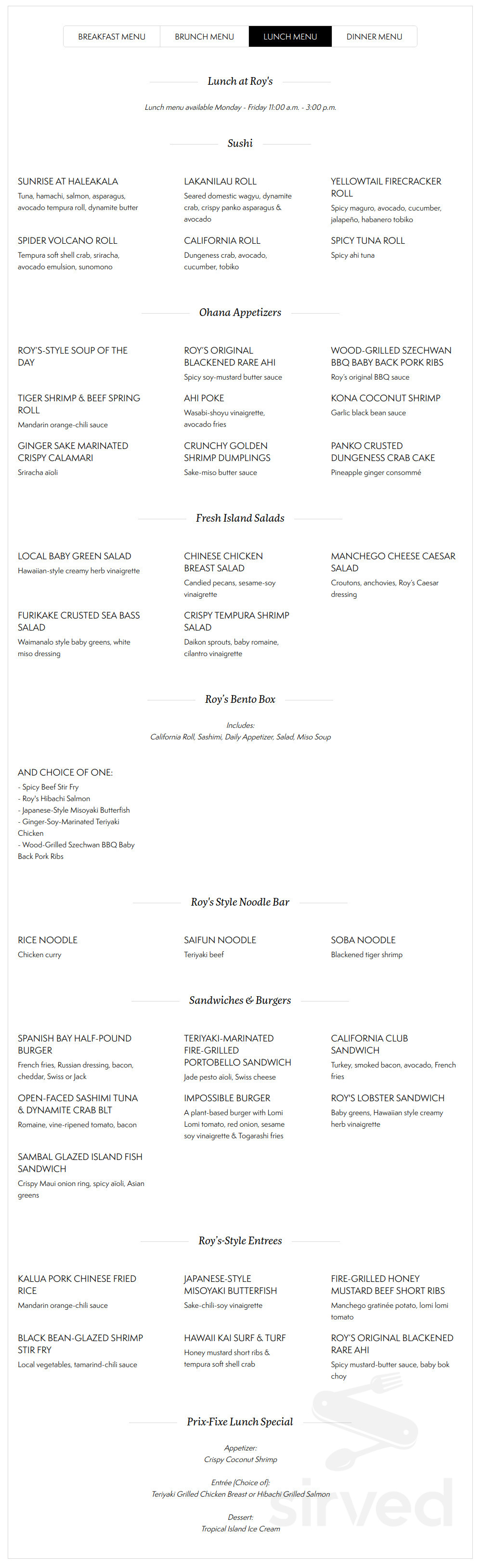 Roy's at Pebble Beach menu in Pebble Beach, California, USA