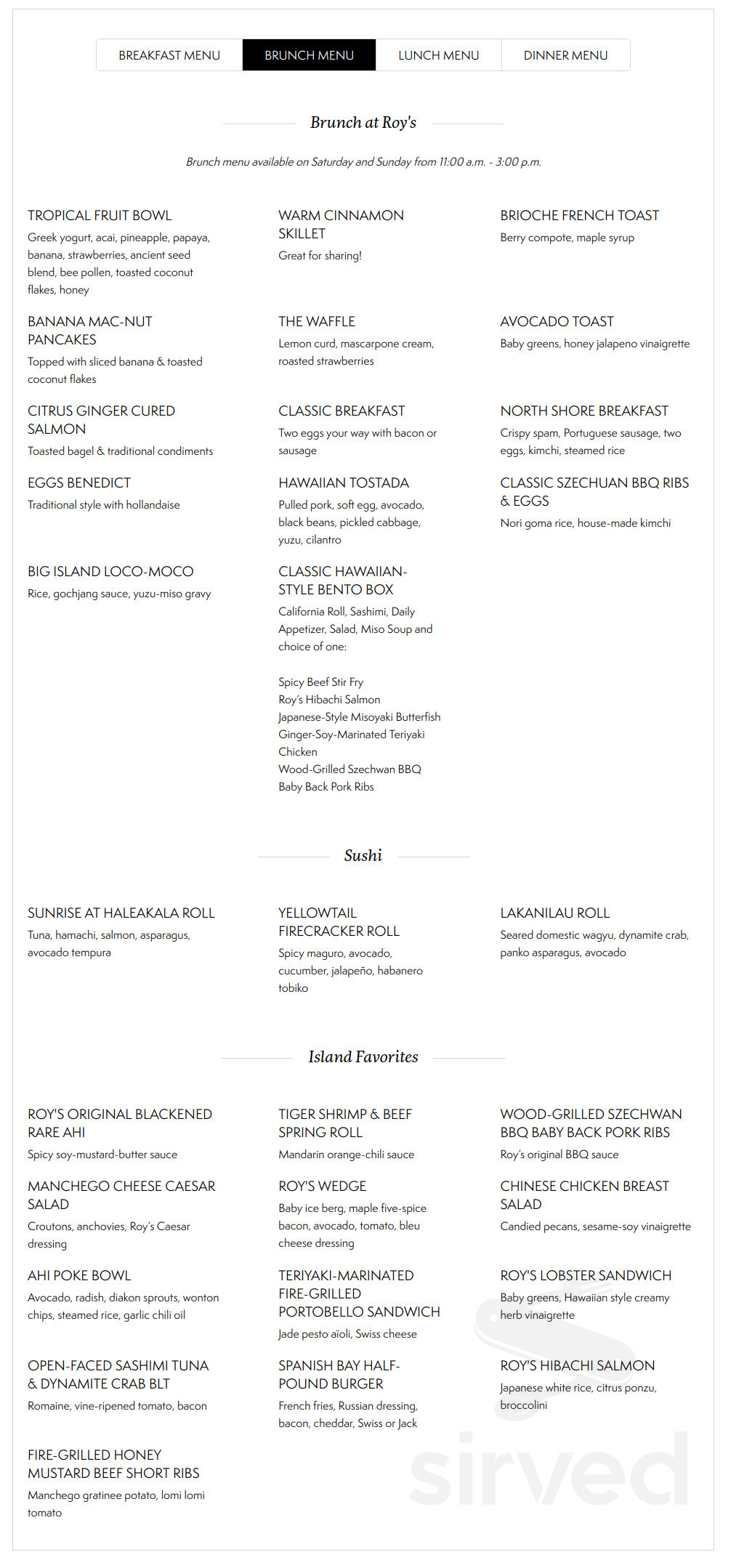 Roy's at Pebble Beach menu in Pebble Beach, California, USA