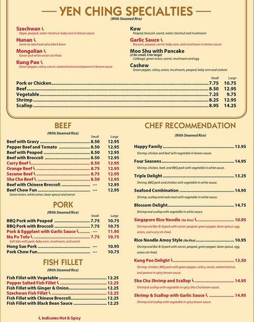 Yen Ching Chinese Restaurant menu in Naperville, Illinois, USA