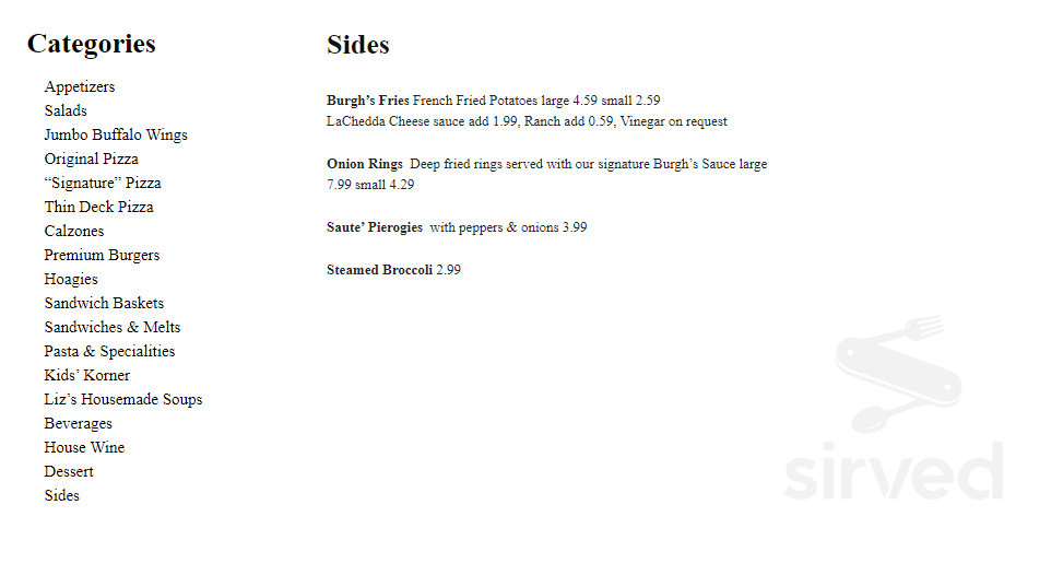 Burgh's Pizza & Wing Pub menus in Bridgeville, Pennsylvania, United States