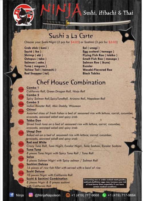 Ninja sushi,hibachi and thai menu in Napoleon, Ohio, USA