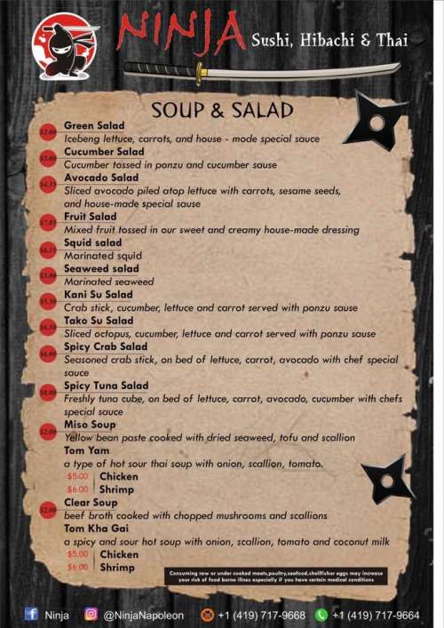 Ninja sushi,hibachi and thai menu in Napoleon, Ohio, USA