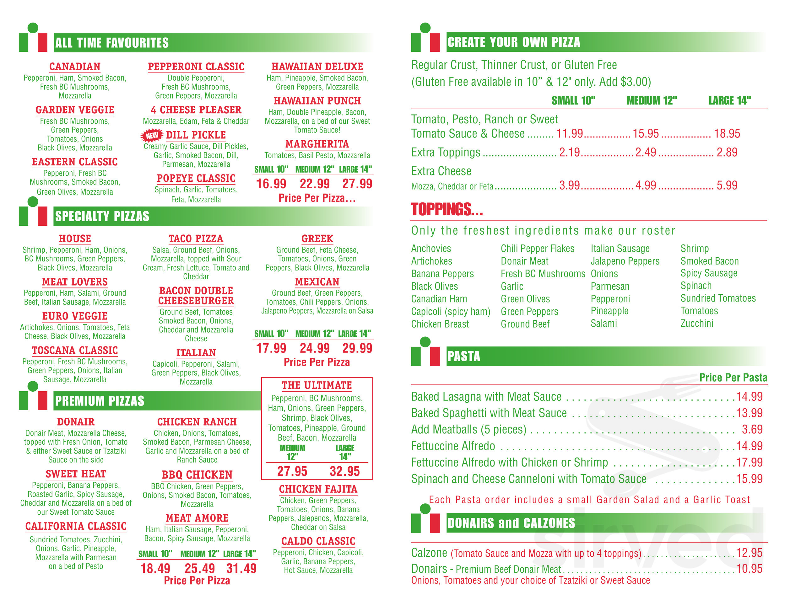 Islander Pizza & Pasta menu in Courtenay, British Columbia, Canada