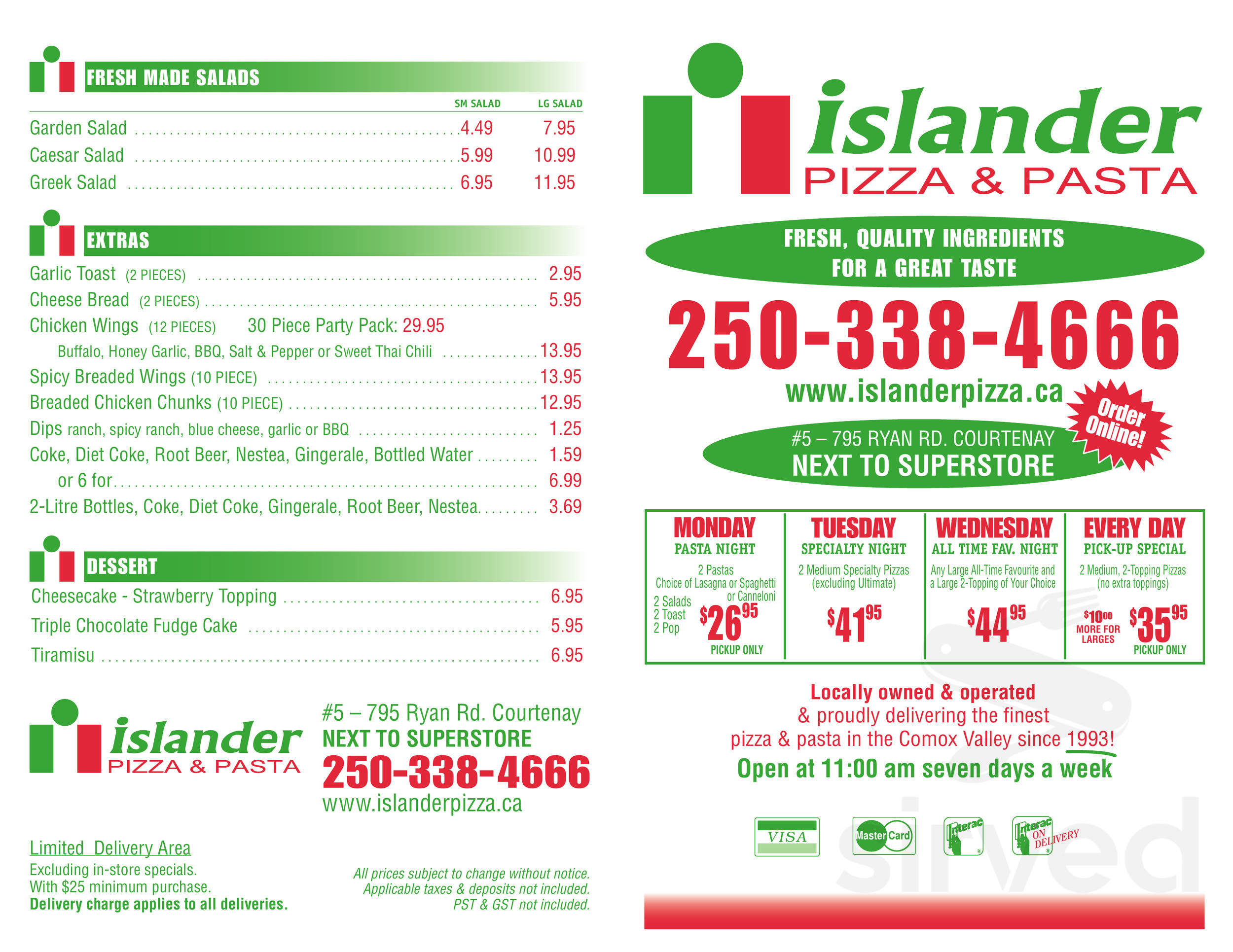 Islander Pizza & Pasta menu in Courtenay, British Columbia, Canada