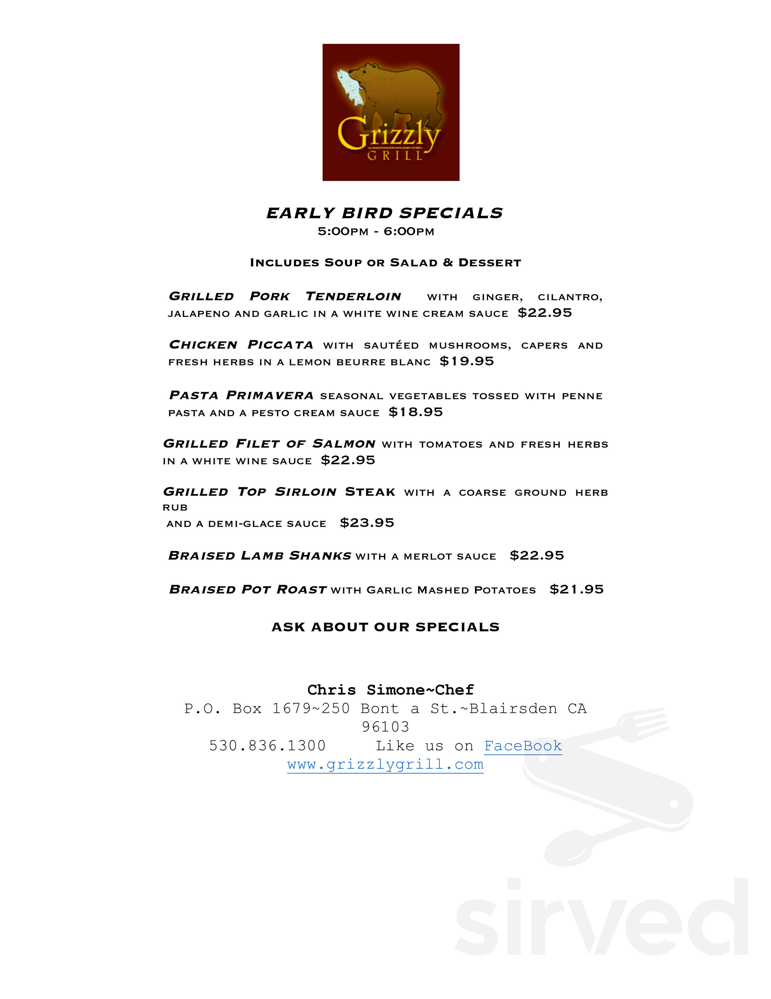 Grizzly Grill menus in Blairsden, California, United States