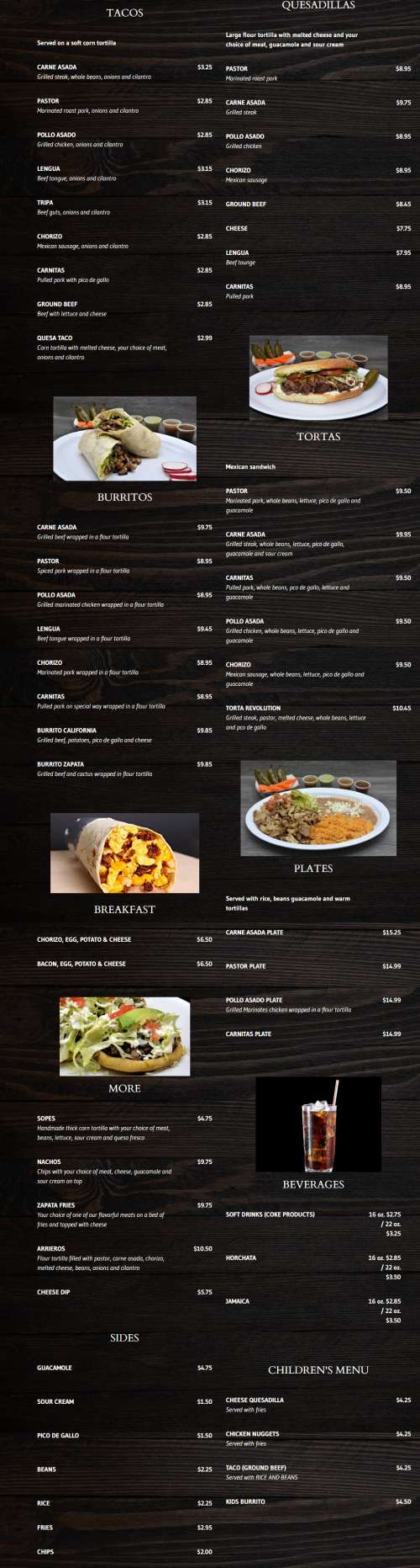 Zapata Mexican Taco Shop menu in Colorado Springs, Colorado, USA