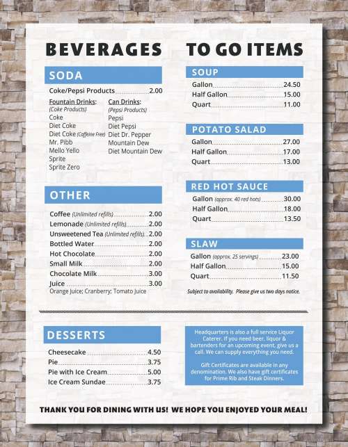Headquarters Incorporated menu in Jasper, Indiana, USA