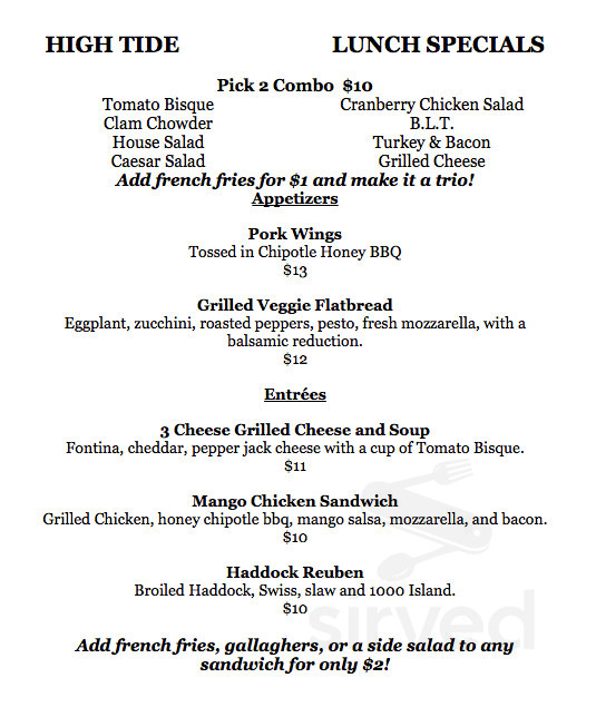 Menu for High Tide Restaurant and Bar in Brewer, ME | Sirved