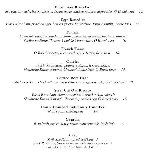 Shelburne Farms Inn menu in Shelburne, Vermont, USA