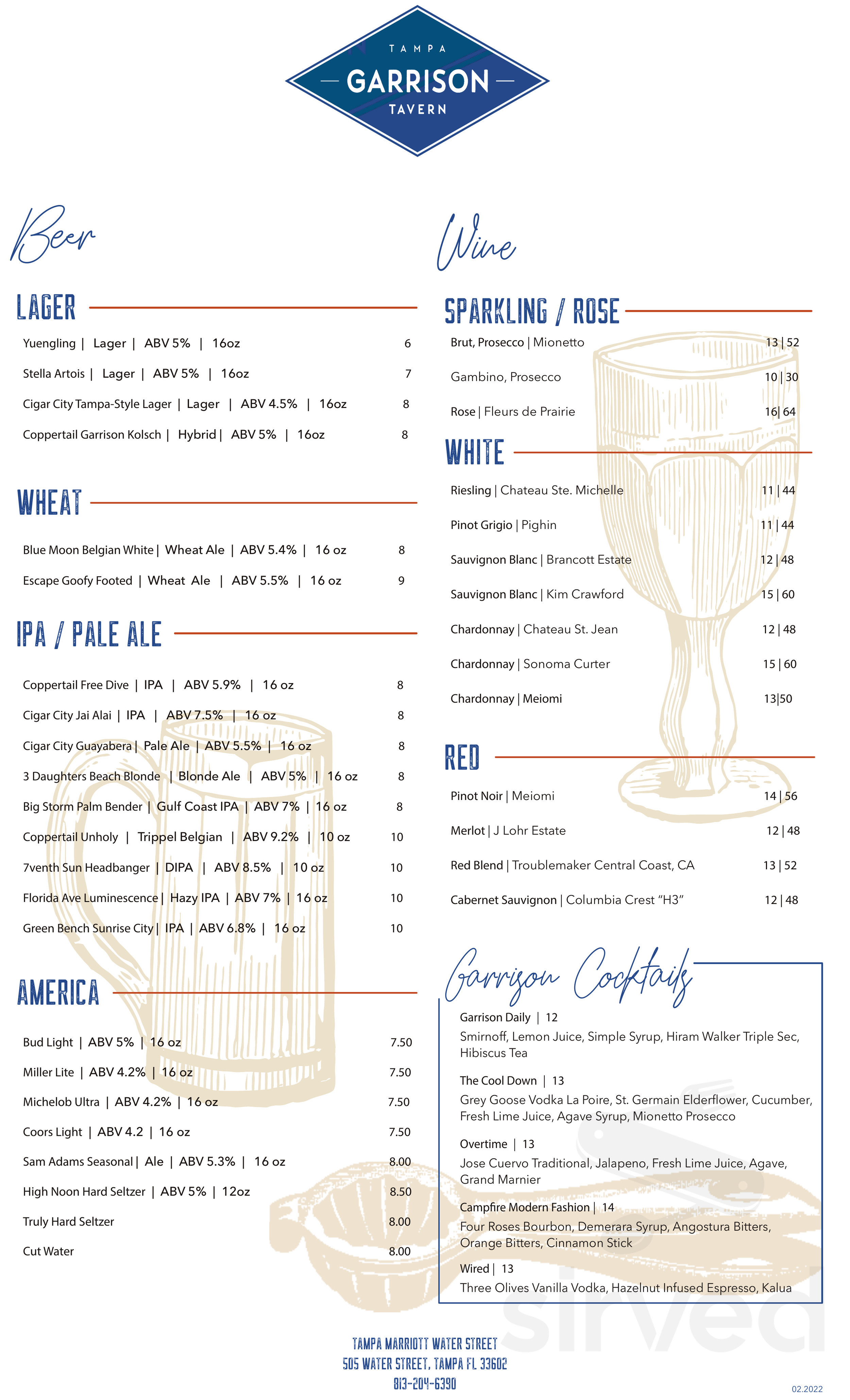 Garrison Tavern menu in Tampa, Florida, USA