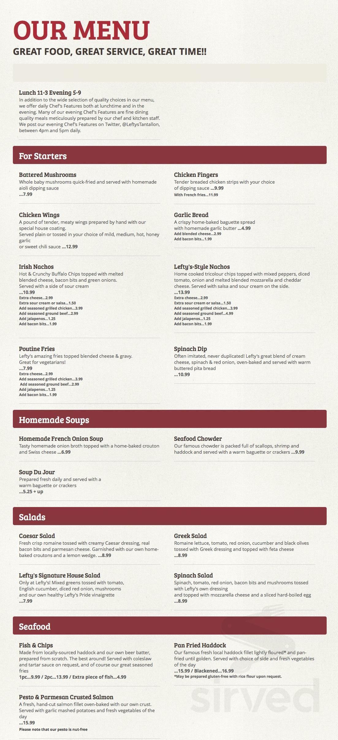 Lefty's Restaurant & Lounge menu in Upper Tantallon, Nova Scotia, Canada