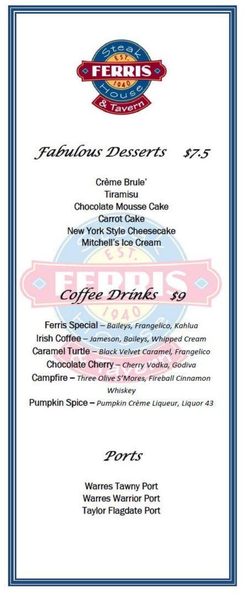 Ferris Steak House menu in Rocky River, Ohio, USA