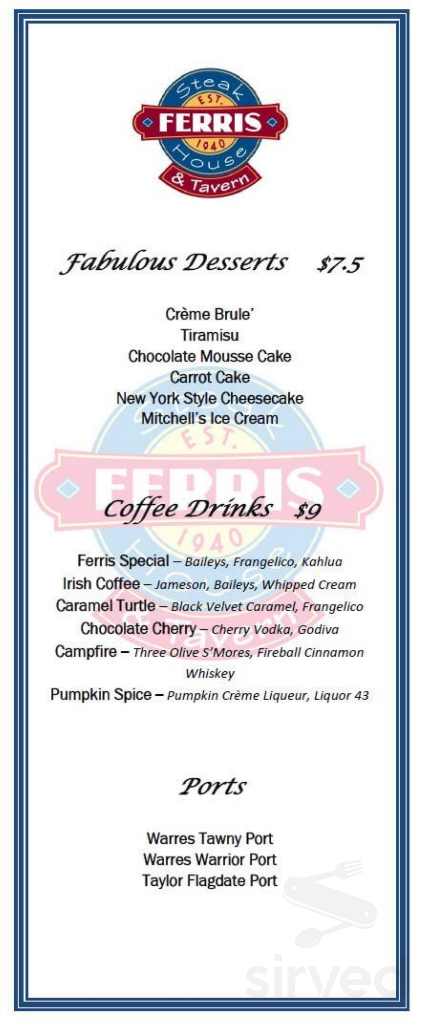 Ferris Steak House menu in Rocky River, Ohio, USA