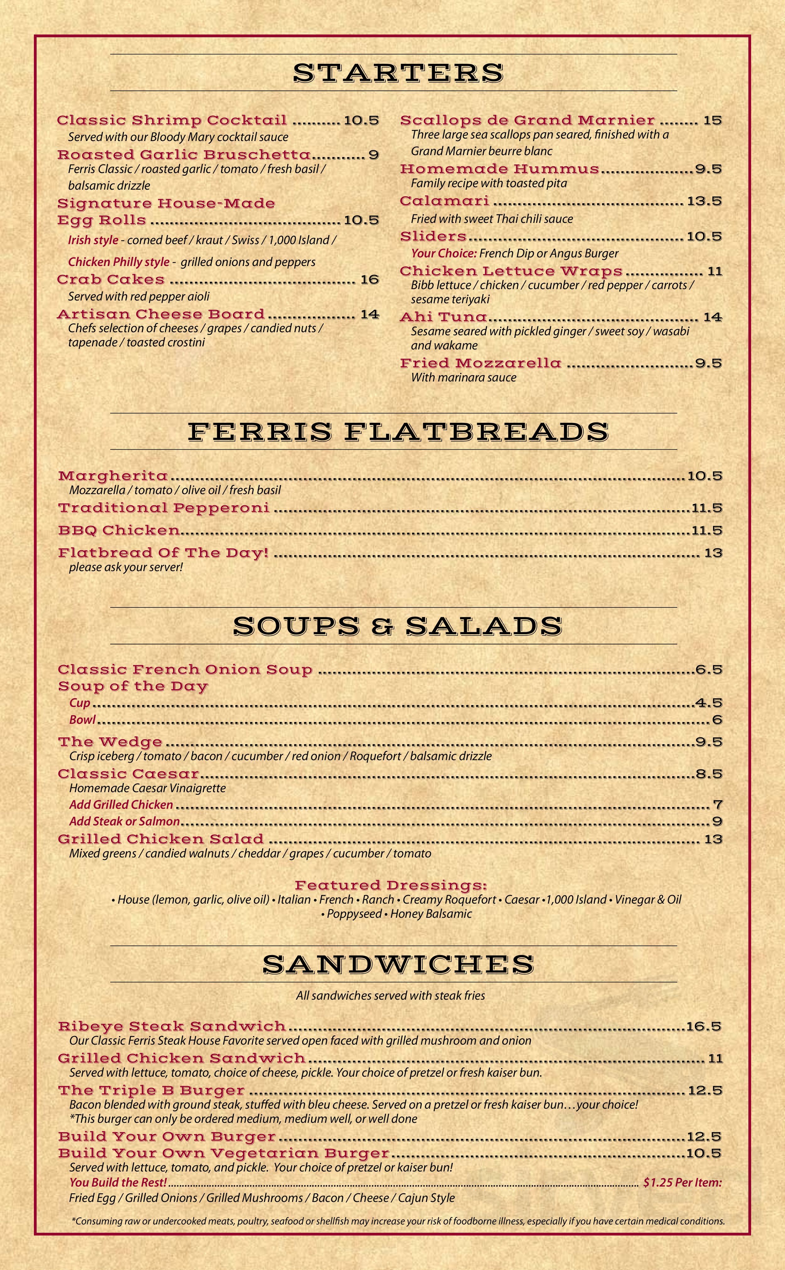 Ferris Steak House menu in Rocky River, Ohio, USA