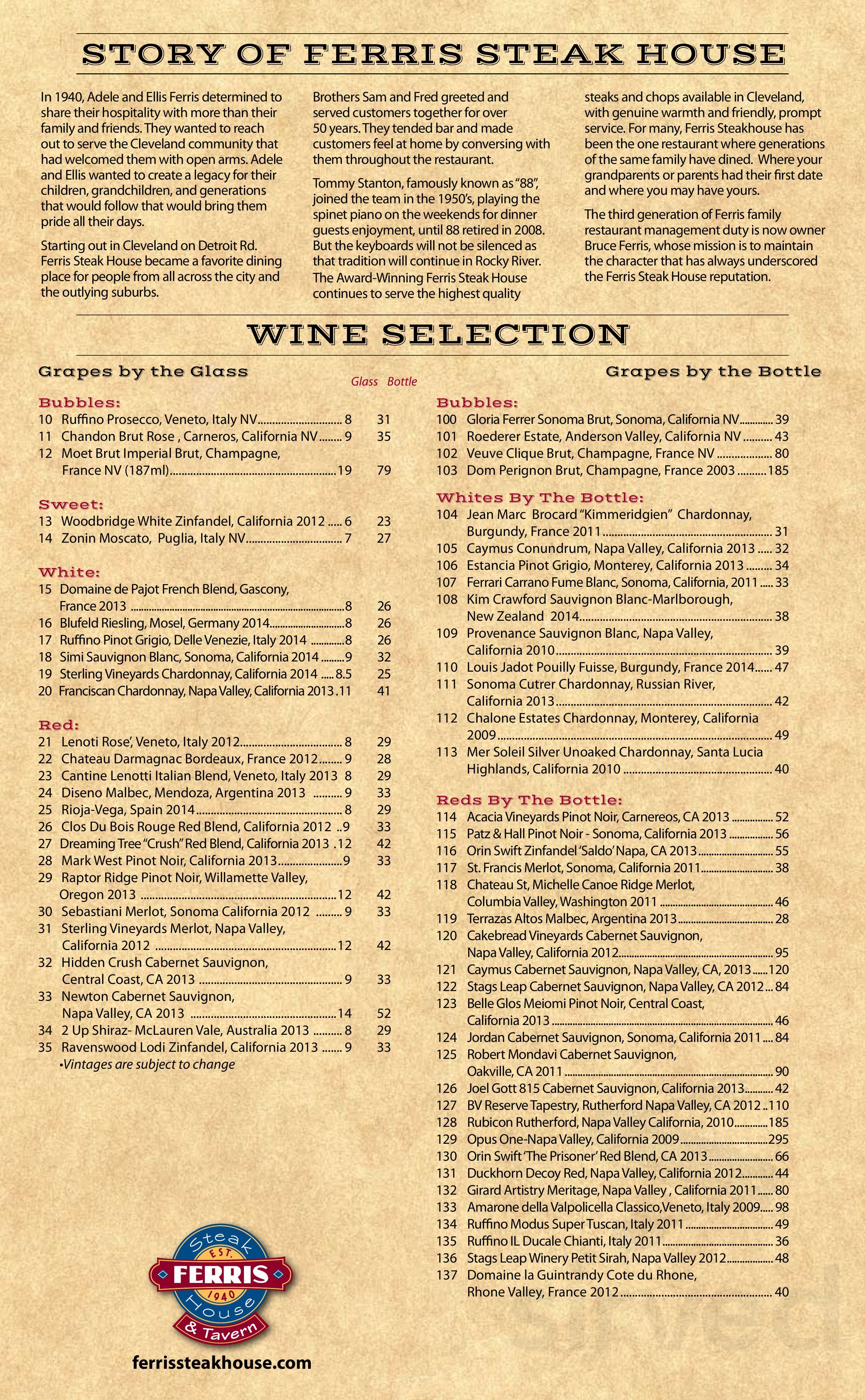 Ferris Steak House menu in Rocky River, Ohio, USA