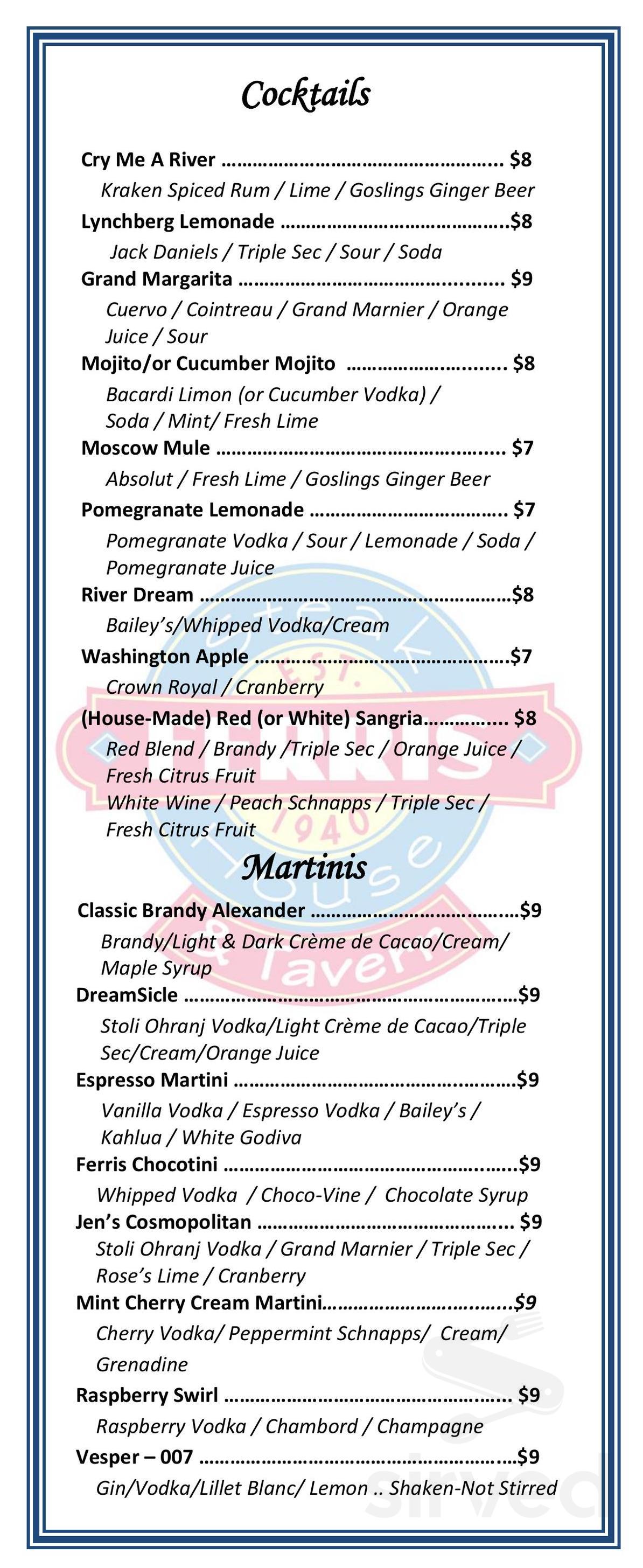 Ferris Steak House menu in Rocky River, Ohio, USA