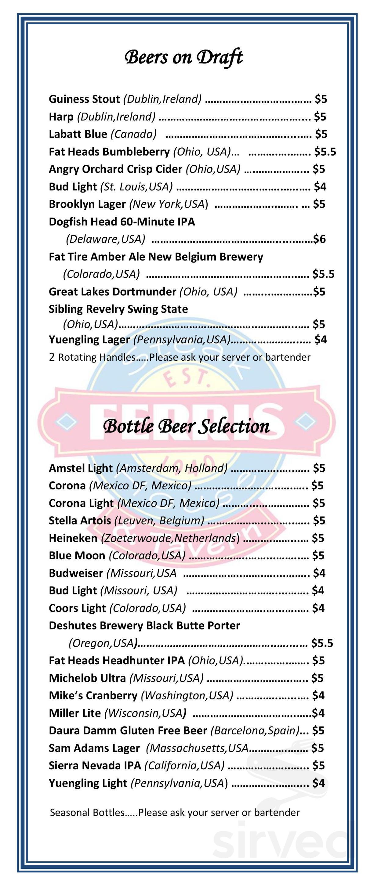 Ferris Steak House menu in Rocky River, Ohio, USA