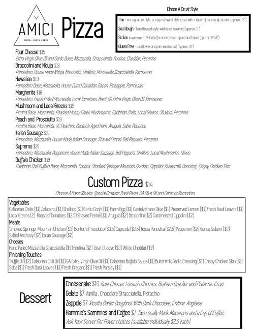 Amici menu in Maryville, Tennessee, USA