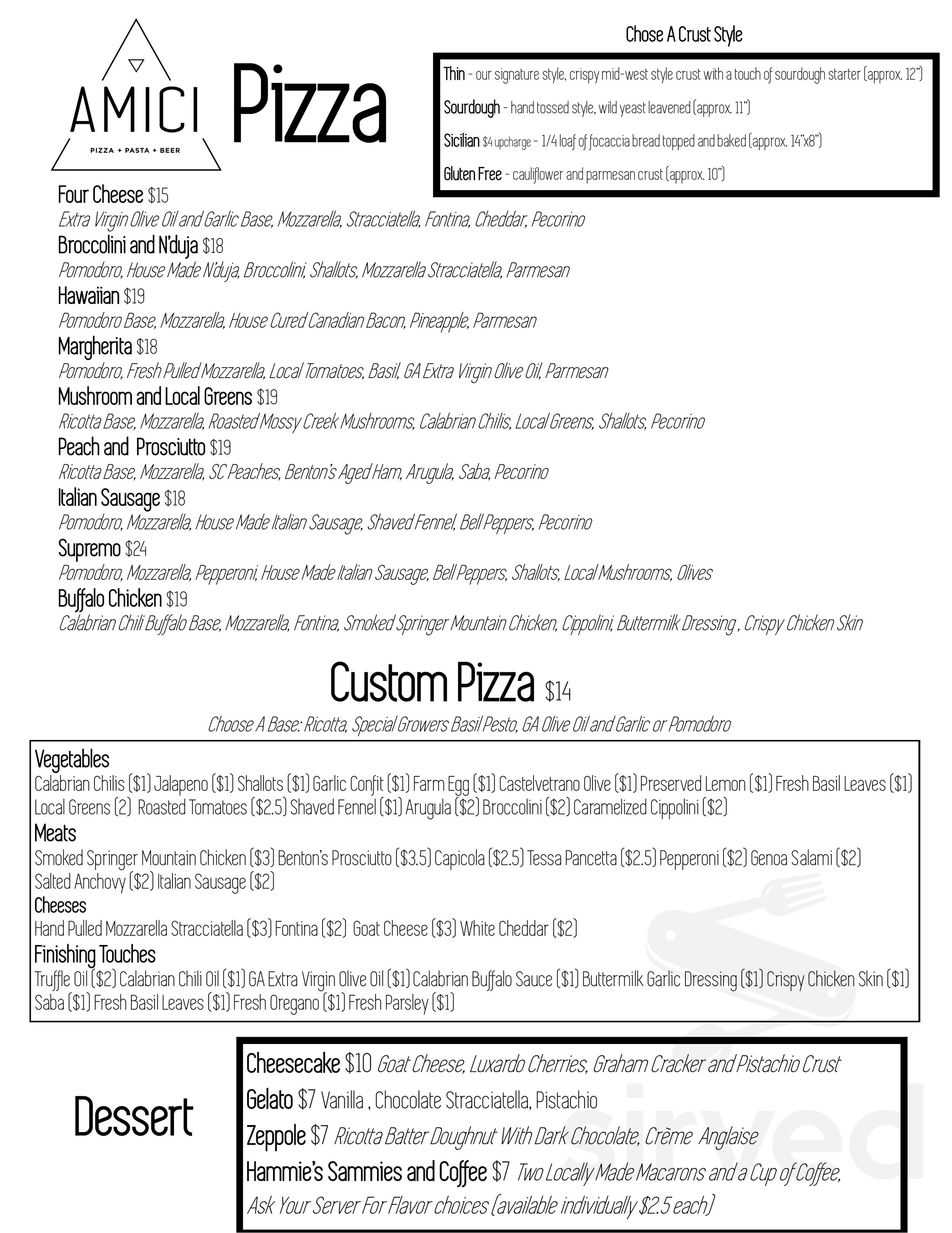 Amici menu in Maryville, Tennessee, USA