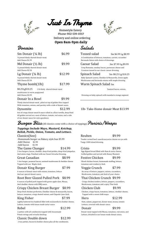 Just in Thyme Homestyle Eatery menu in Sydney River, Nova Scotia, Canada