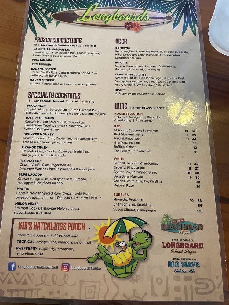 Longboards Tiki Bar and Grill menu in Daytona Beach, Florida, USA