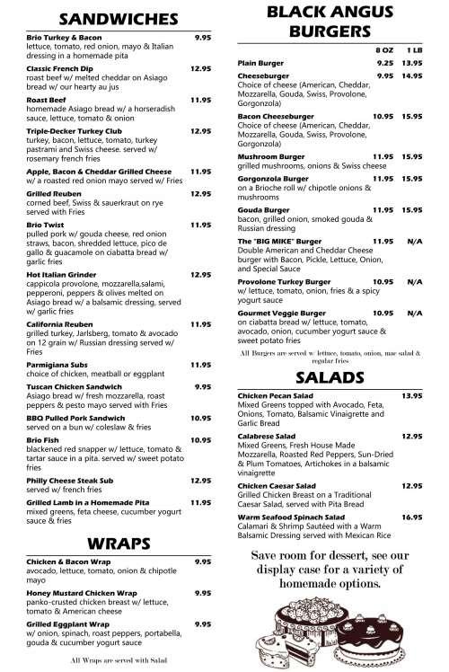 Brio's menu in Phoenicia, New York, USA