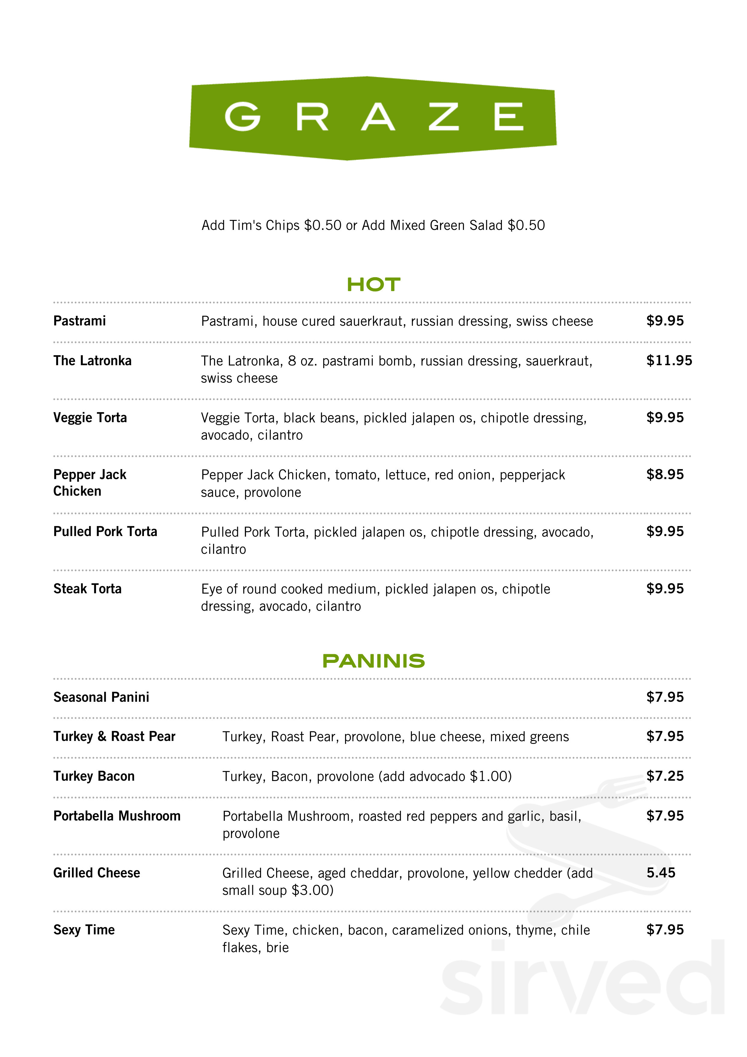 Menu for Graze | Richland in Richland, WA | Sirved