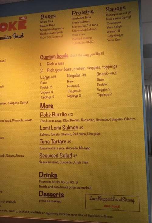 Ono Poke menu in Memphis, Tennessee, USA