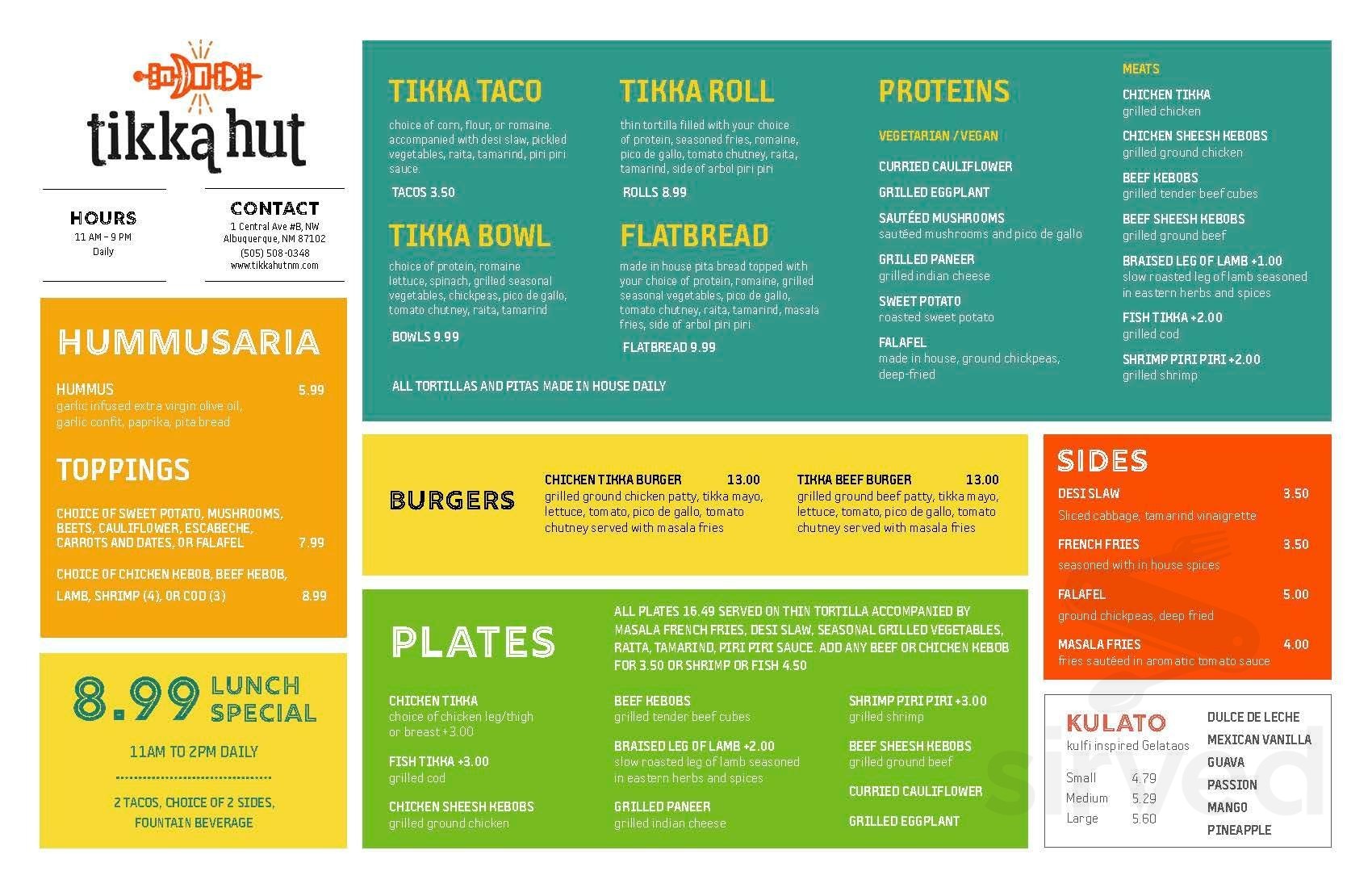 Menu - Albuquerque NM's Tikka Hut Pizzeria and Kebab House | Sirved