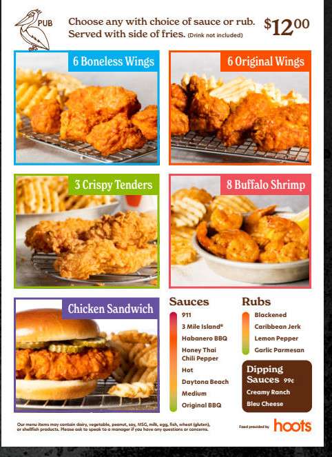 Pelican Pub menu in St. Petersburg, Florida, USA