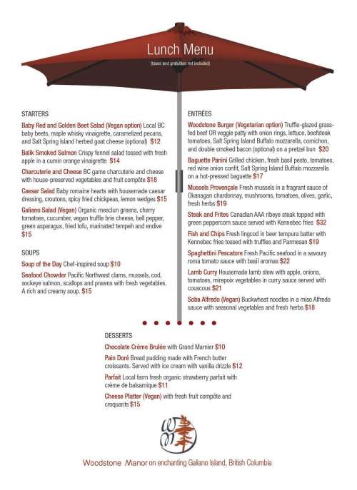 Woodstone Restaurant and Lounge menu in Mayne Island, British Columbia ...